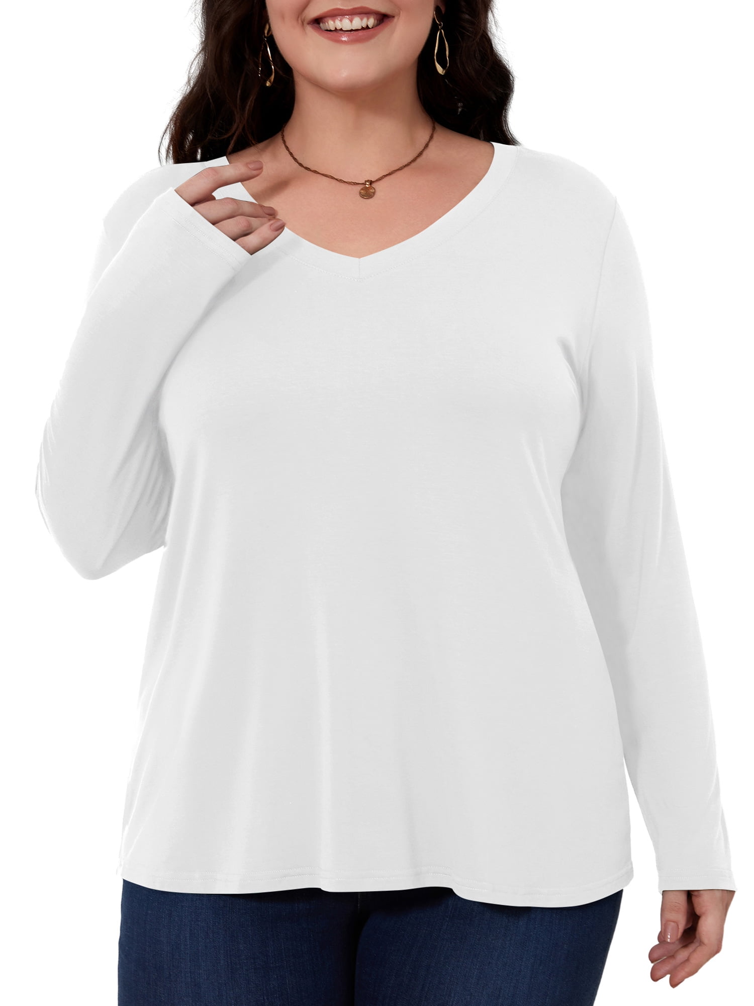Fancyglim Womens Plus Size Long Sleeve Tops Basic V Neck T Shirts White ...