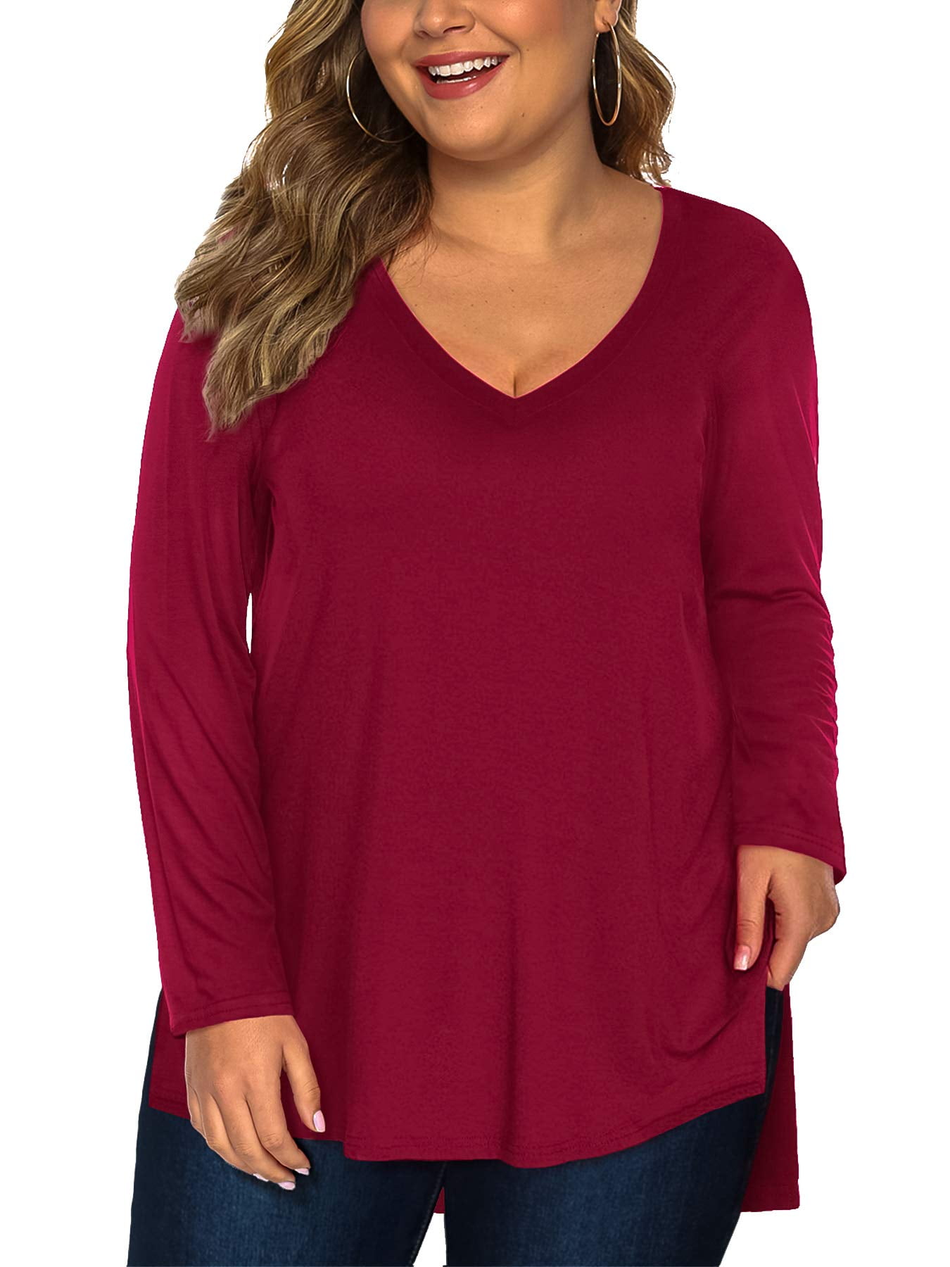 Fancyglim Womens Plus Size Top Long Sleeve V Neck Shirt High Low ...