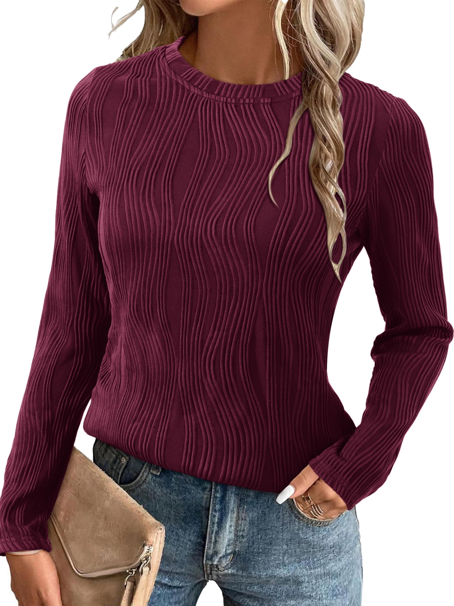 Fancyglim Womens Textured Tops Crewneck Shirts Basic Long Sleeve ...