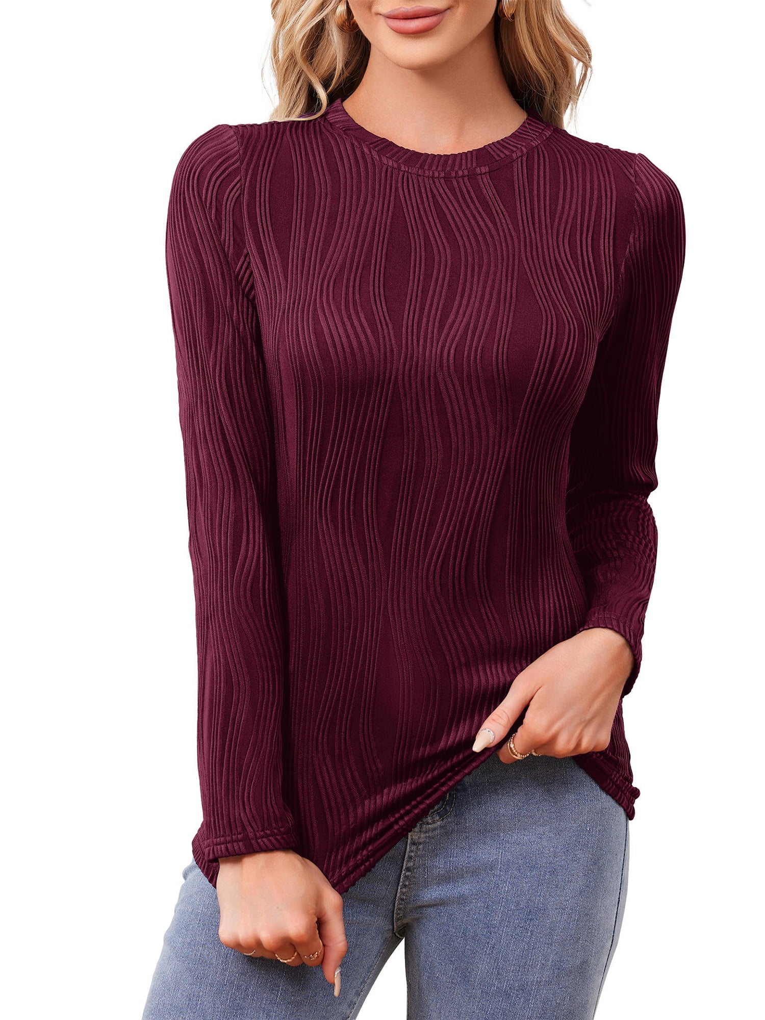 Fancyglim Womens Textured Tops Crewneck Shirts Basic Long Sleeve ...