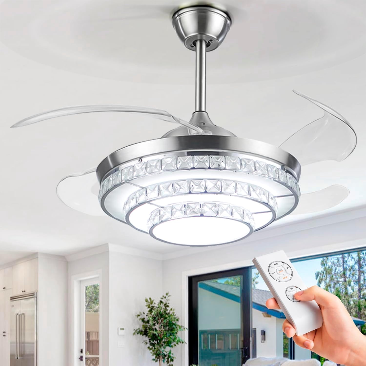 Fandian 42” Crystal Ceiling Fans with Lights Remote Retractable Blades ...