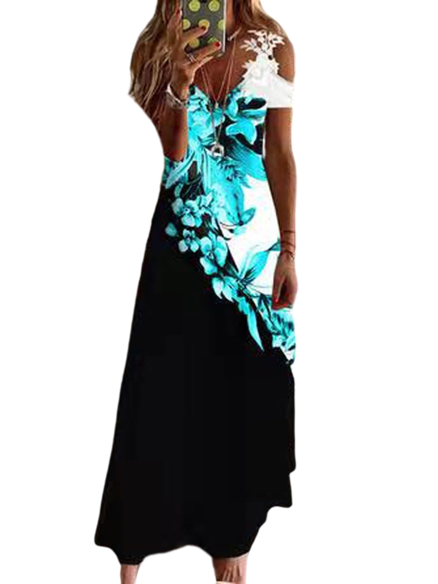 Fangasis Ladies Summer Beach Sundress Cold Shoulder Maxi Dresses ...