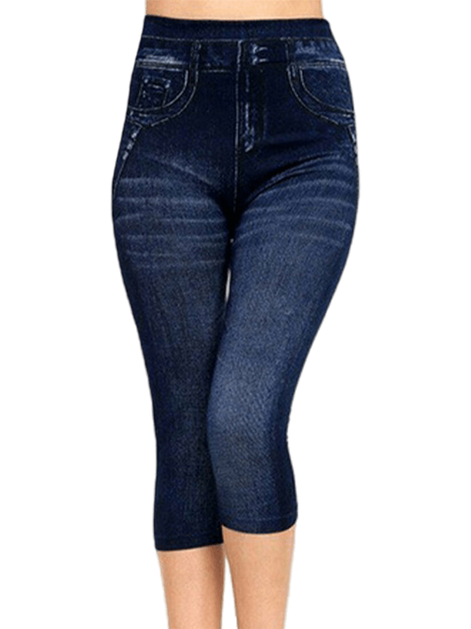 Fangasis Women Capri Fake Jeans Tummy Control Denim Printed Leggings ...