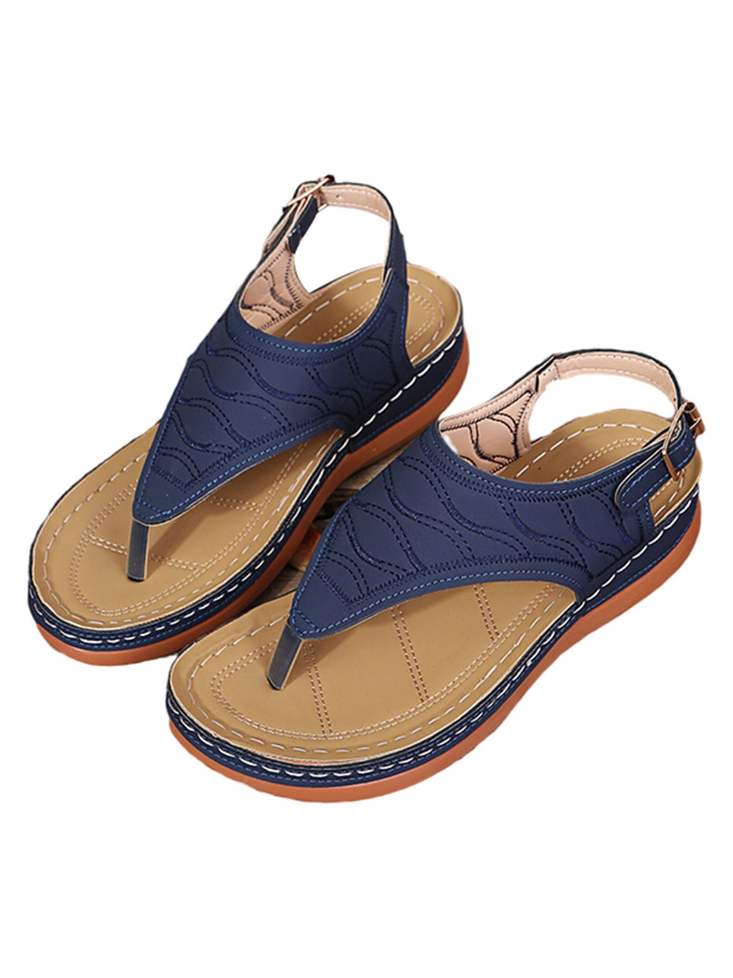 Fangasis Women Thong Sandal Platform Sandals Wedge Flip Flop Work Lightweight Beach Shoes Navy