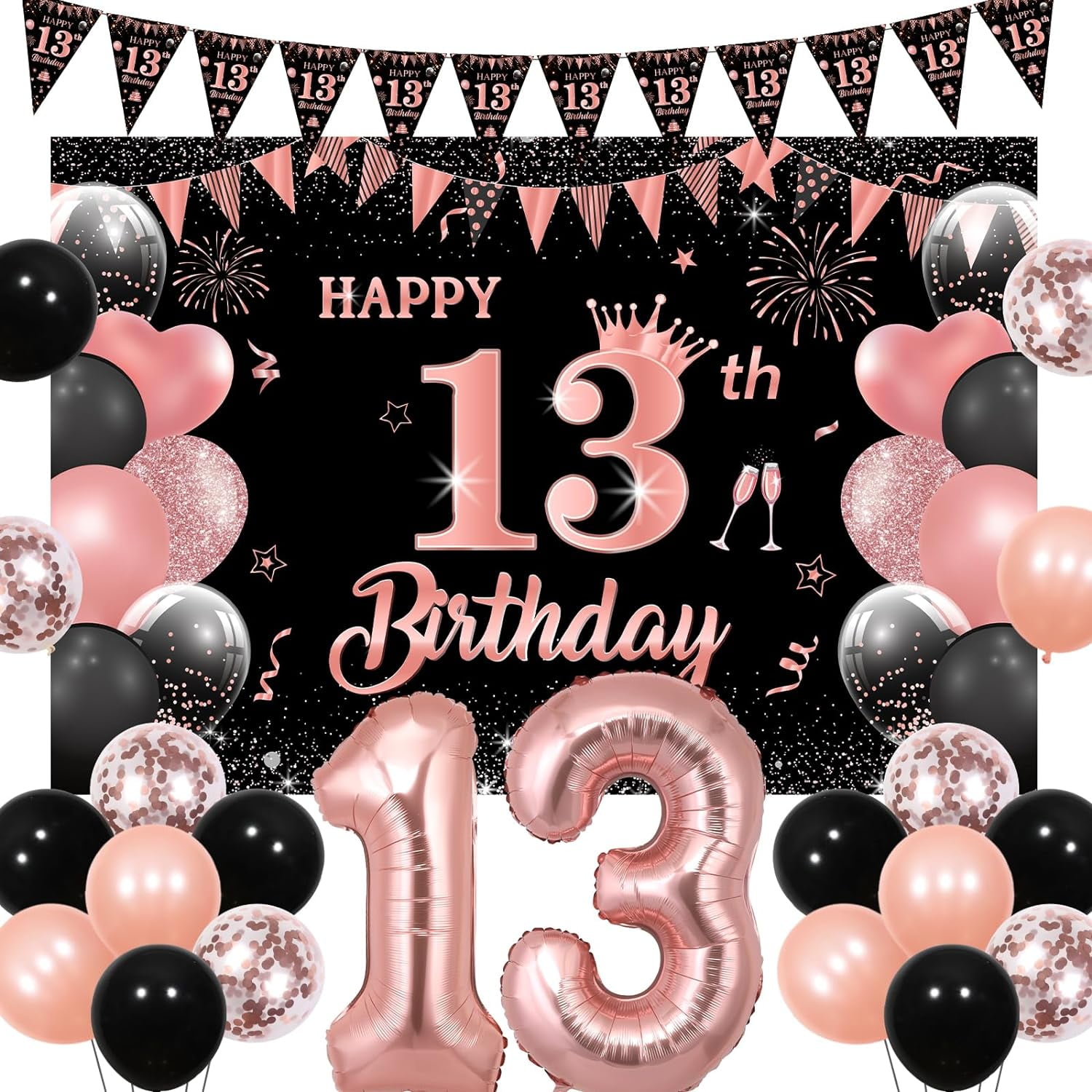 Fangleland 13th Birthday Decorations Girls, Black and Rose Gold 13th ...