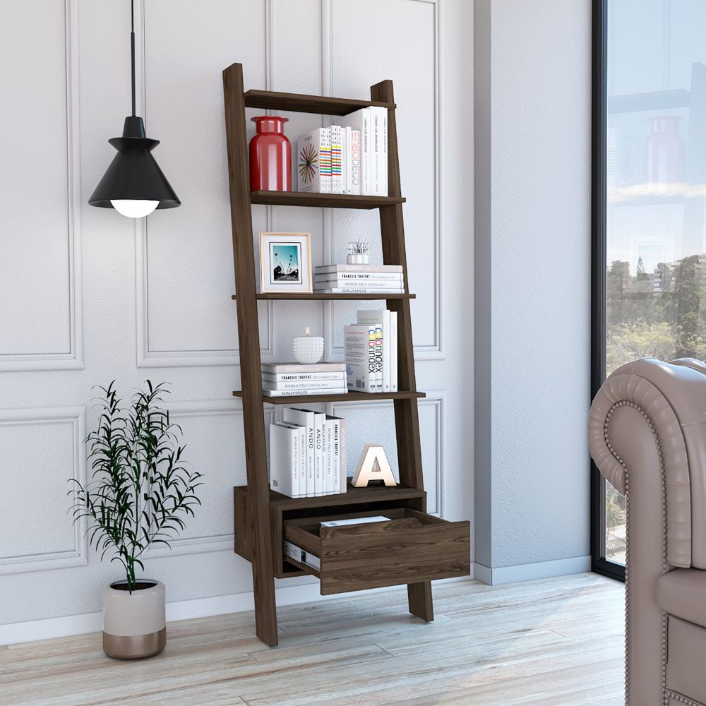 Fangsheng 4 Shelves Ladder Bookcase with File Drawer, Dark Walnut ...