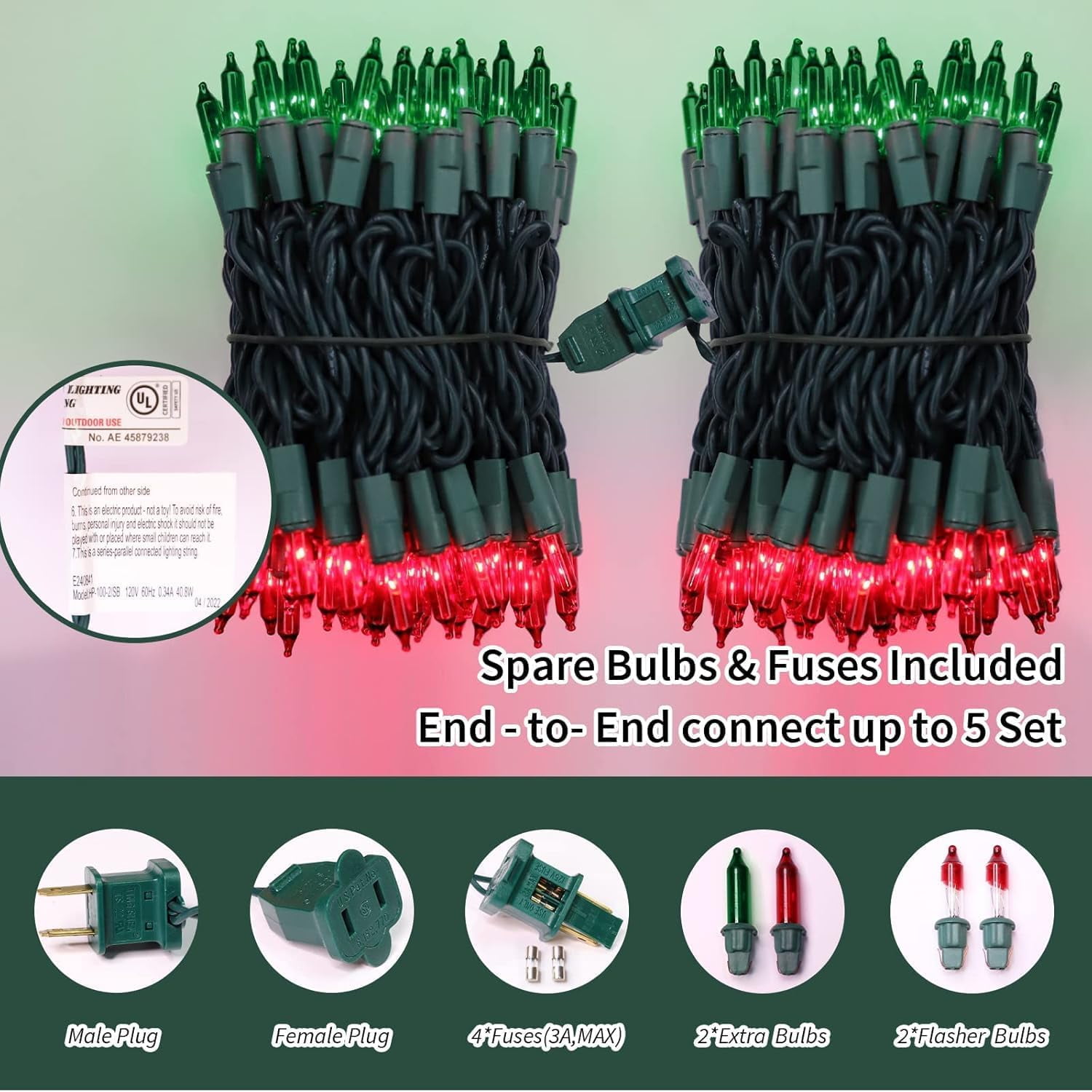 Fanhua-100 Count Red Green Christmas Lights, Green Wire 20Ft ...