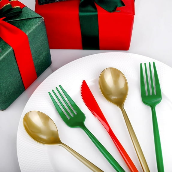 Fanhua-180Pcs Christmas Plastic Silverware, Heavy Duty Plastic Utensils, Party Disposable ...