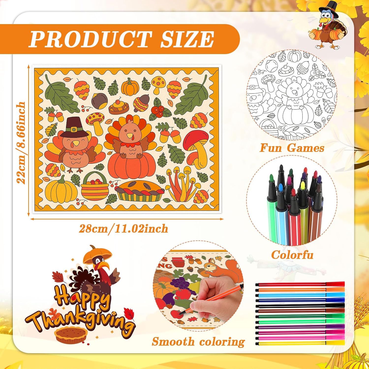 Fanhua-24 PCS Thanksgiving Turkey Coloring Placemats with 24 Paint Pens ...