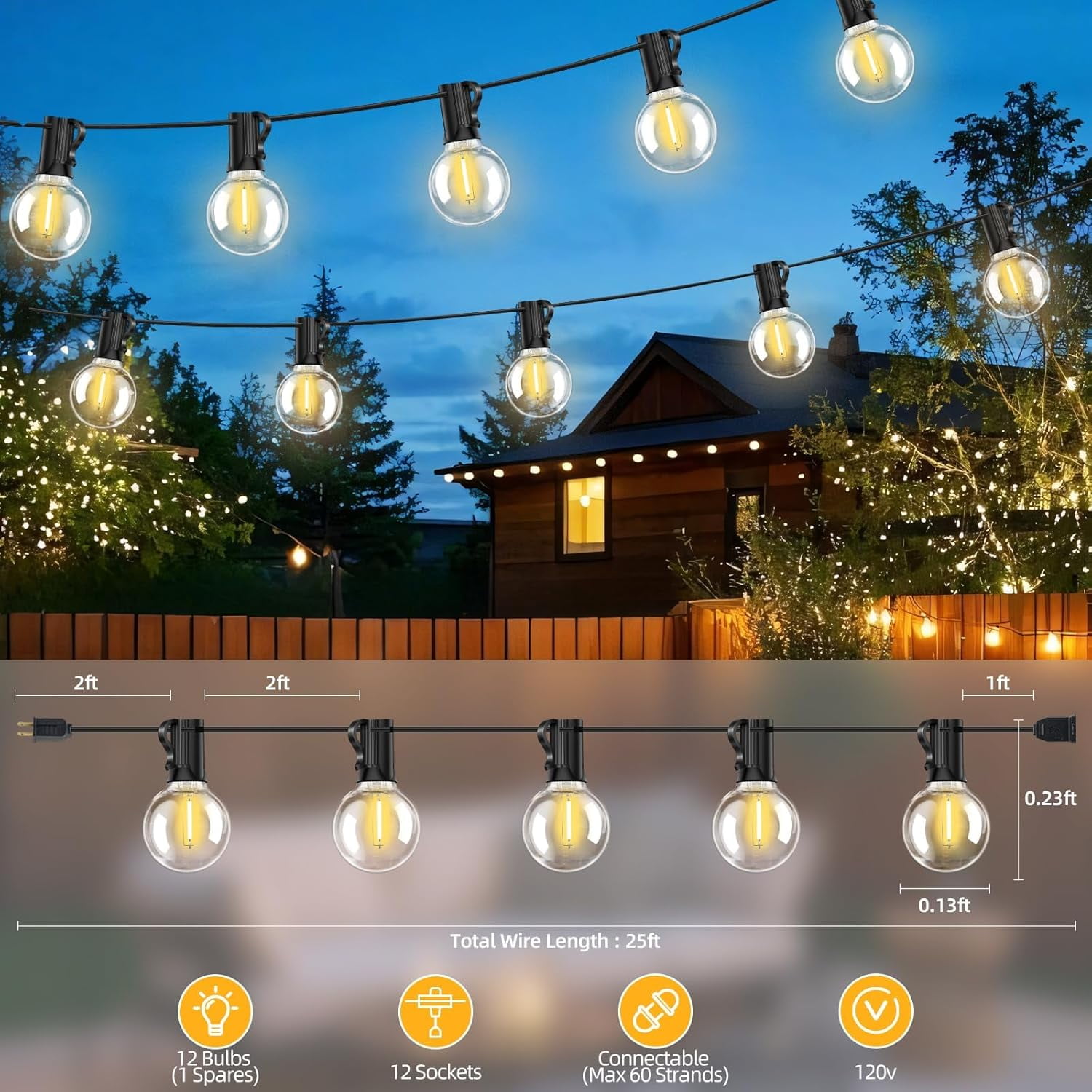 Fanhua-25FT G40 LED Outdoor String Lights with 12+1 Bulbs, E12 Socket ...