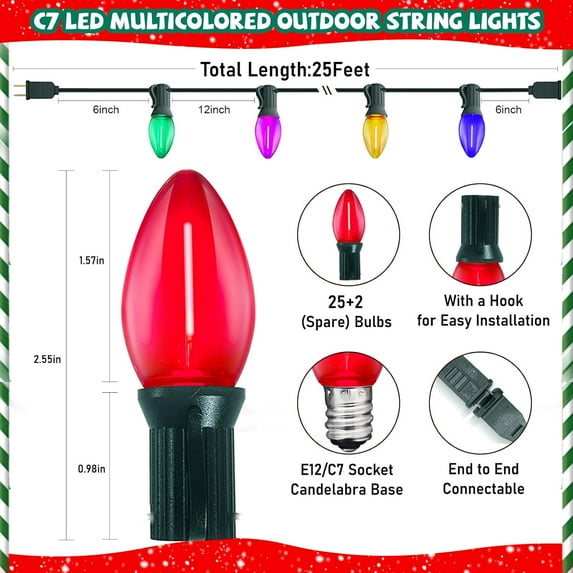 Fanhua-25Ft Multicolor C7 Vintage Outdoor String Lights with 27 LED ...