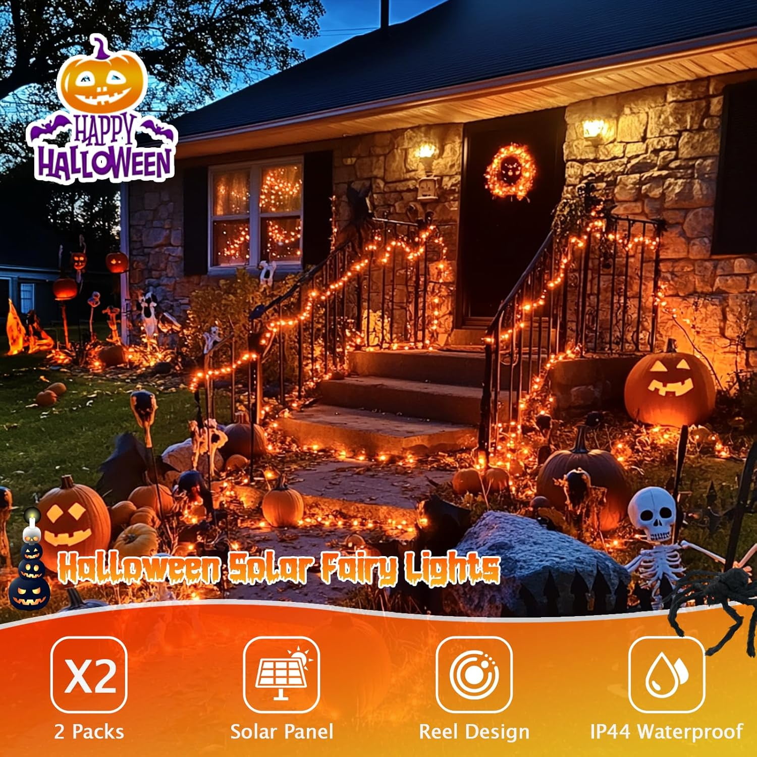 Fanhua-4 Pack Solar Halloween Lights, Total 400 LED 132 FT Orange Solar ...