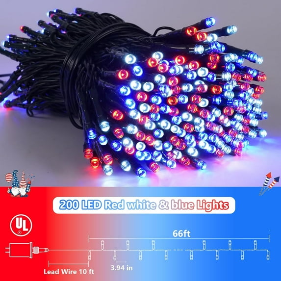 Fanhua-4th of July Decorations Red White and Blue Lights, 66ft 200 LED ...