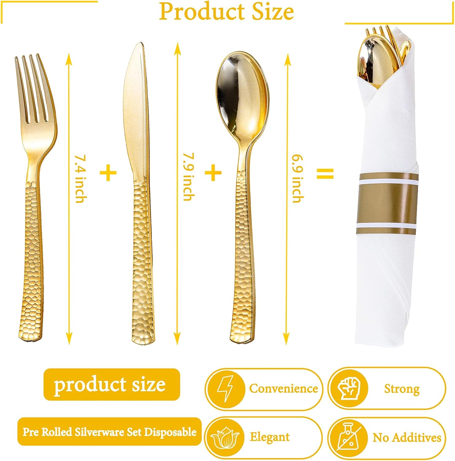 Fanhua-50 Pack Gold Plastic Silverware with Pre Rolled Napkins,Gold ...