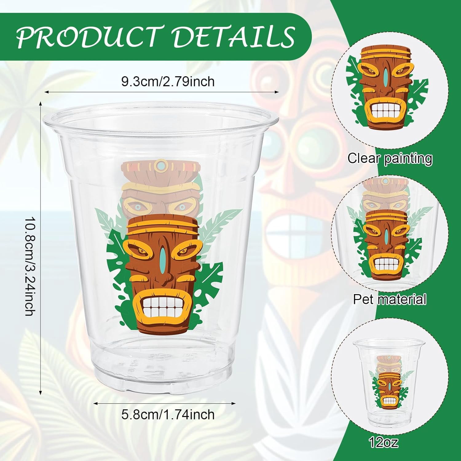 Fanhua-50 Pcs 12OZ Hawaiian Tiki Plastic Cups, Hawaiian Laua Tropical ...