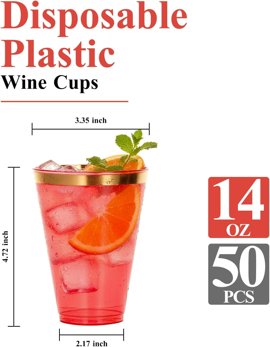 Fanhua-50PCS 14oz Red and Gold Plastic Cups for Party, Disposable Gold ...