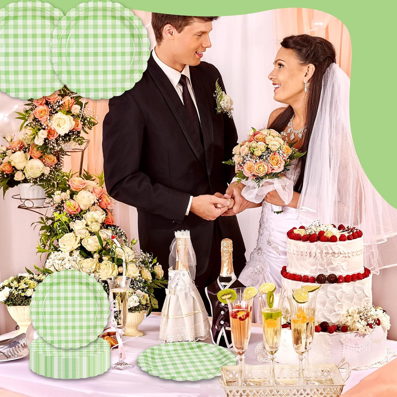 Fanhua-50PCS 7 Inch Sage Green Gingham Paper Plates,Scalloped Edge ...