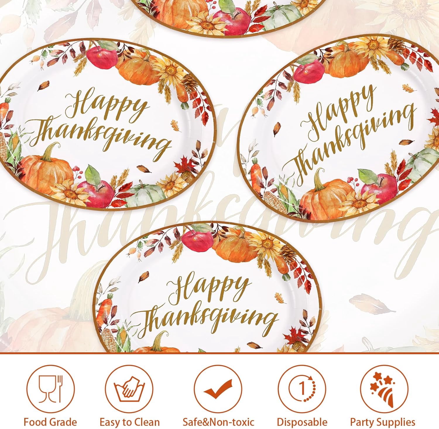 Fanhua-50Pcs Thanksgiving Oval Paper Plates 10" x 12" Large Disposable ...