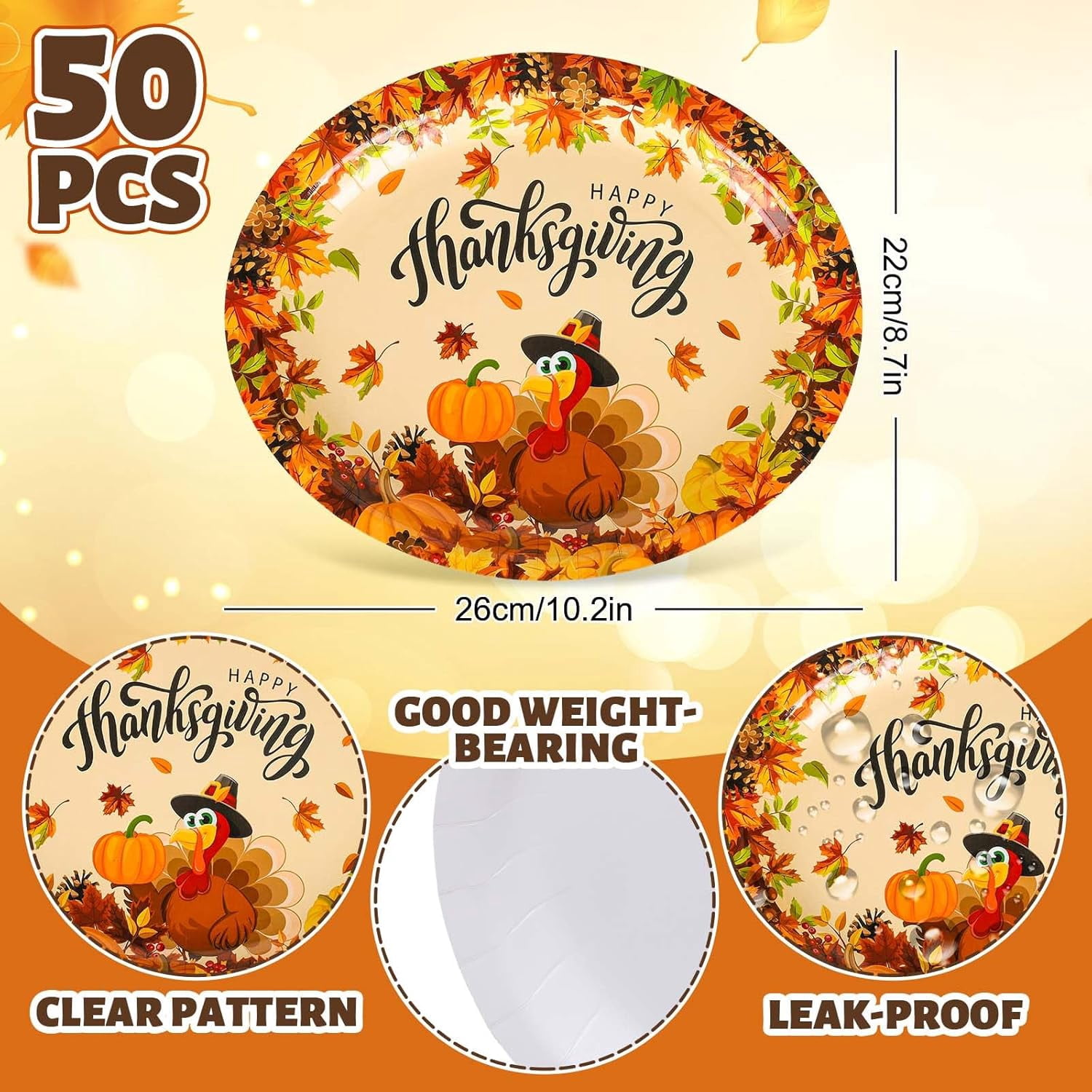 Fanhua-50Pcs Thanksgiving Oval Paper Plates Turkey Pumpkin Pattern ...