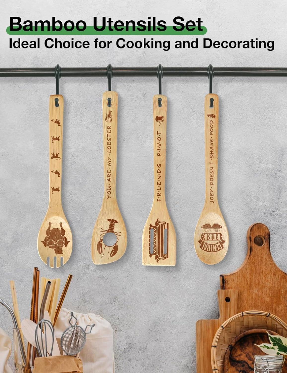 Fanhua-5Pcs Friends Wooden Cooking Spoons, Bamboo Spoons for Cooking ...