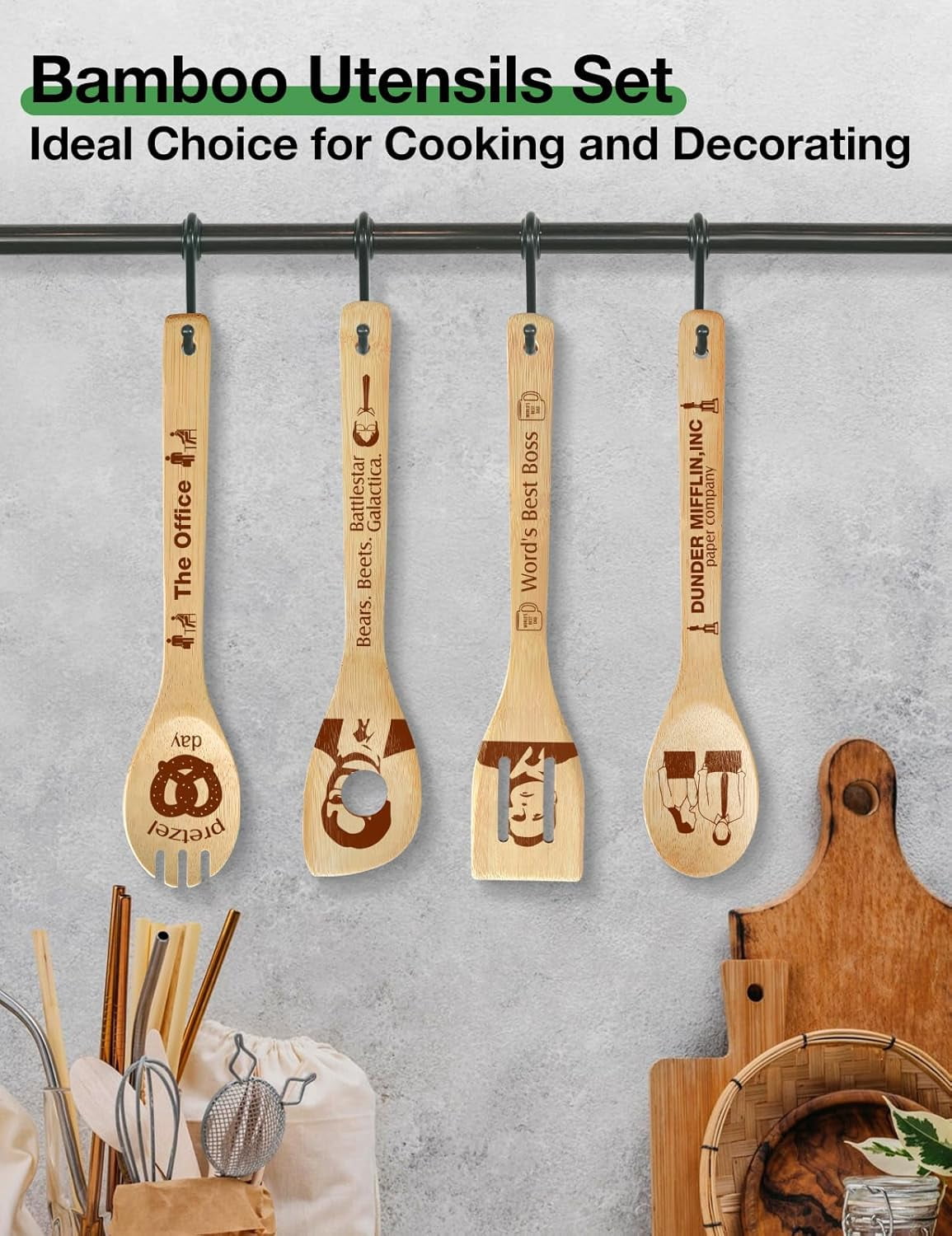 Fanhua-5Pcs The Office Wooden Cooking Spoons, Bamboo Spoons for Cooking ...