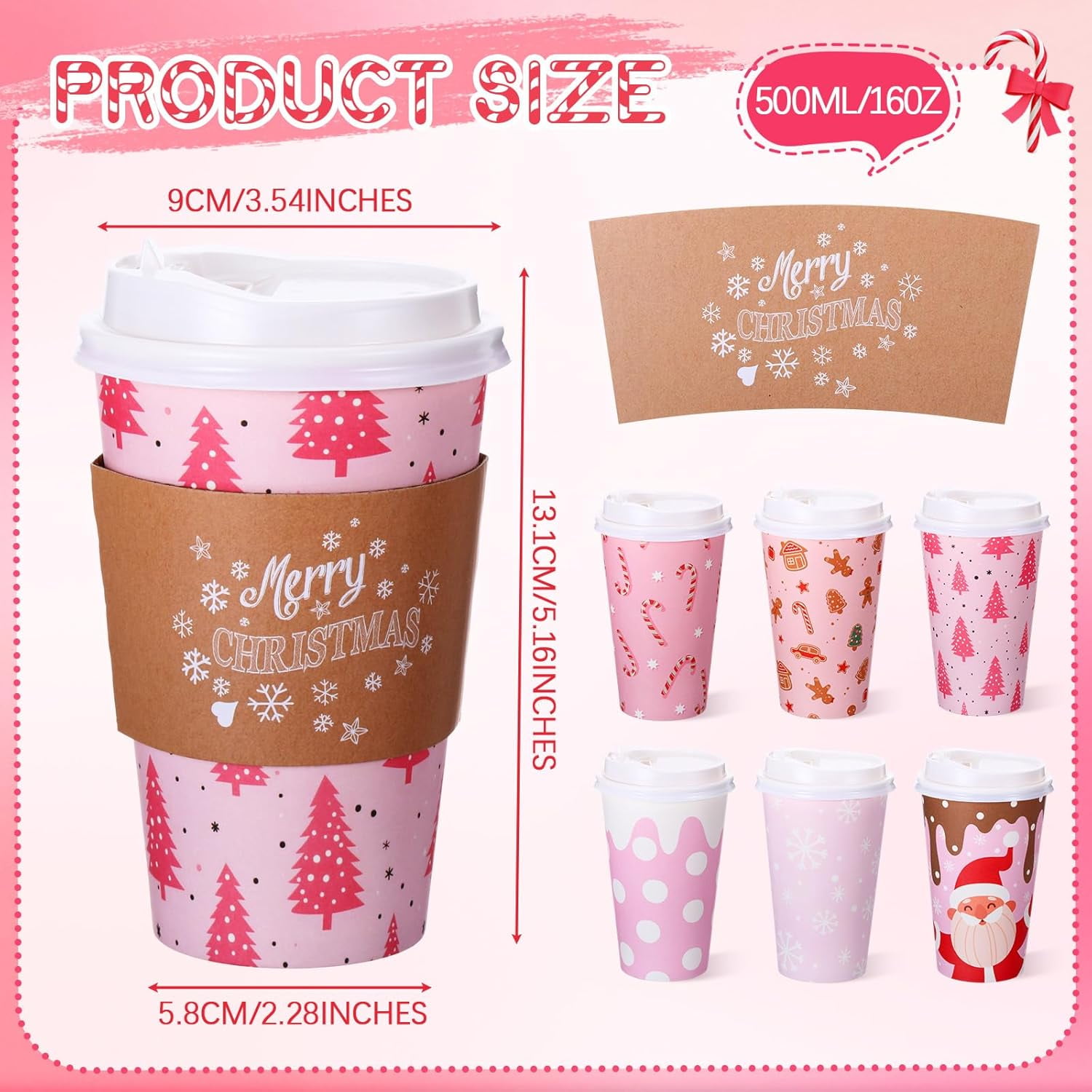 Fanhua-60 Pack Pink Christmas Coffee Cups with Lids and Sleeves, 16 oz ...