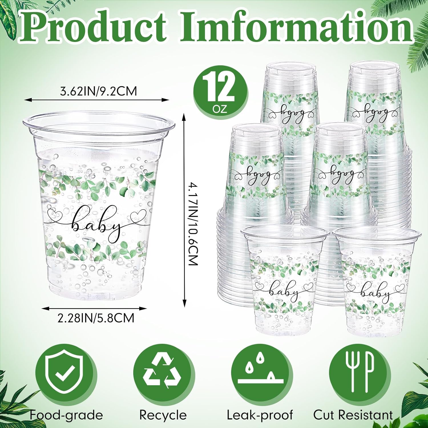 Fanhua-60 Pack Sage Eucalyptus Baby Shower Plastic Cups 12 oz Sage ...
