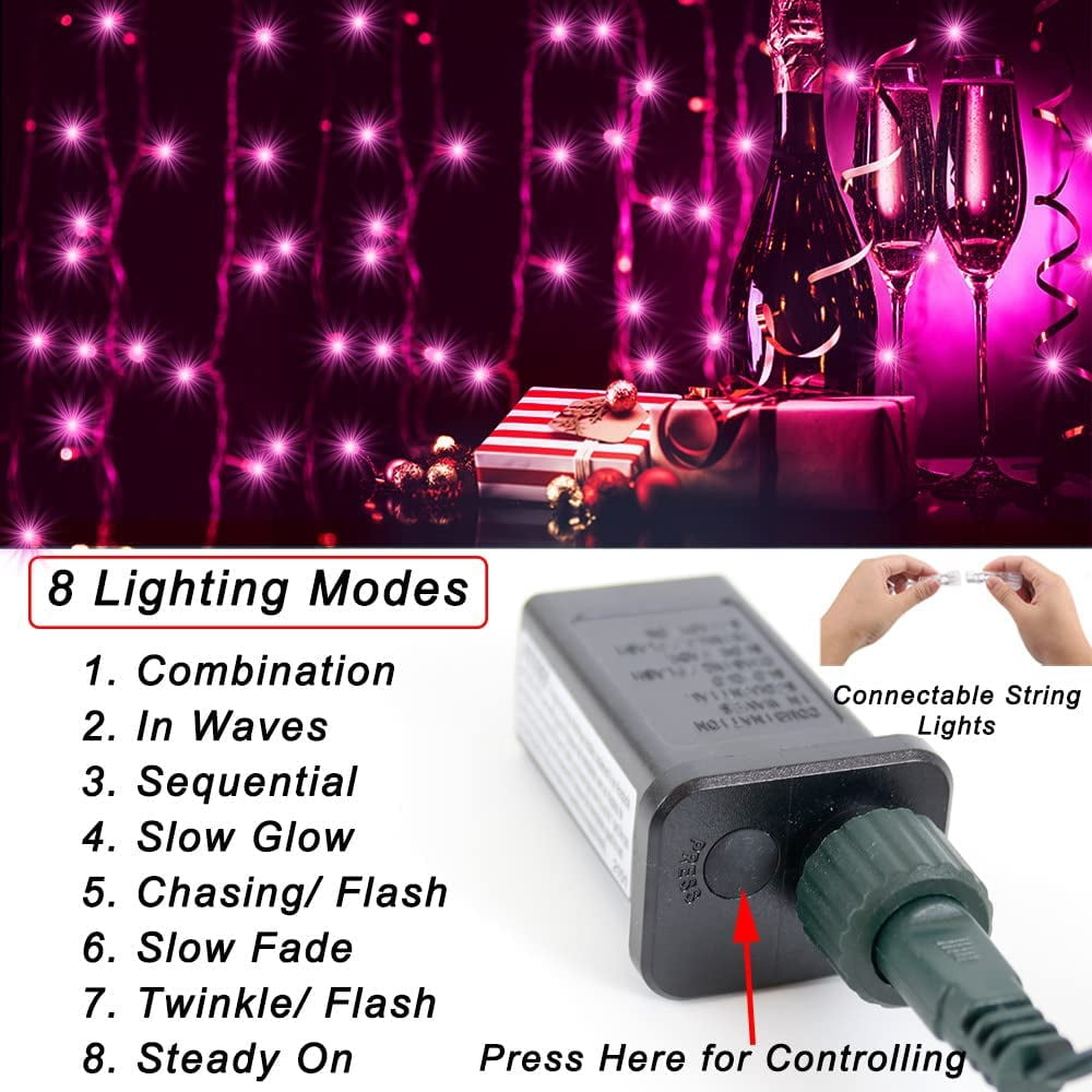 FANHUA-66 ft 200 LED Pink String Lights, Pink Christmas Lights Plug in ...