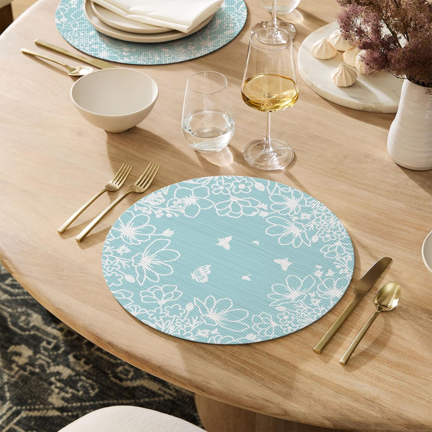 Fanhua-Blue Leaves Vinyl Round Placemats Set of 4, 14 Inch Washable Non ...