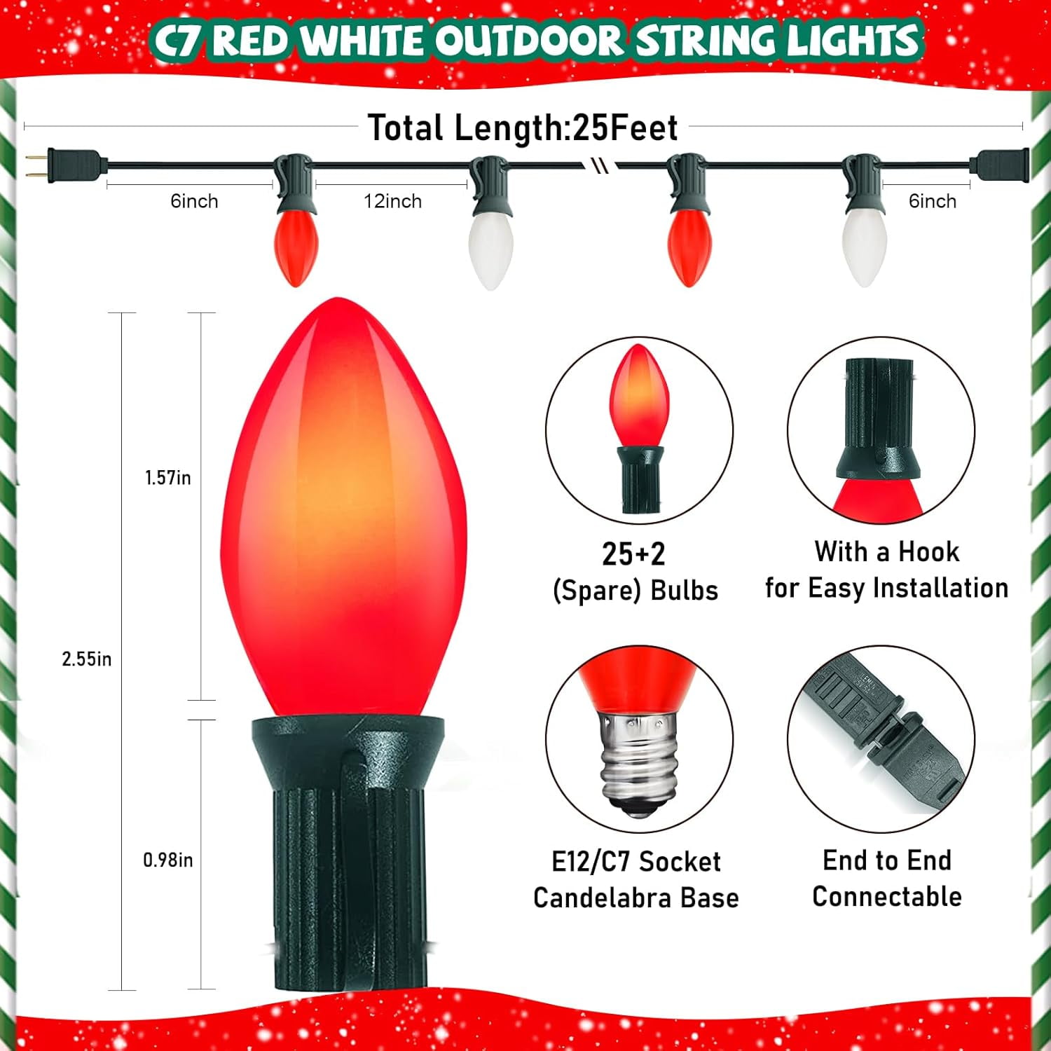 Fanhua-C7 LED Red and White Christmas Lights,25ft Outdoor String Lights ...