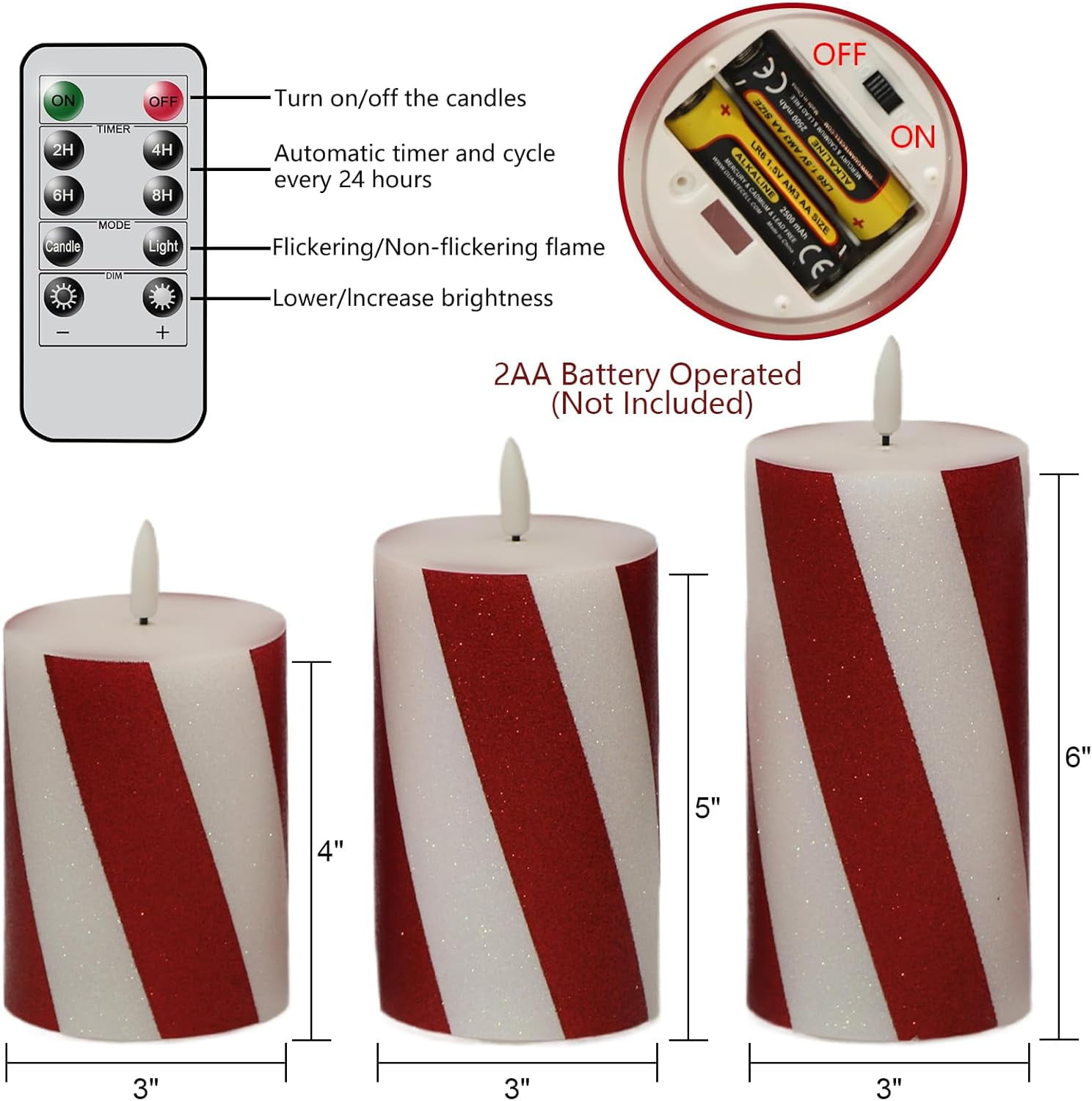 Fanhua-Christmas Candy Cane Stripe Flameless Candles with Remote and ...