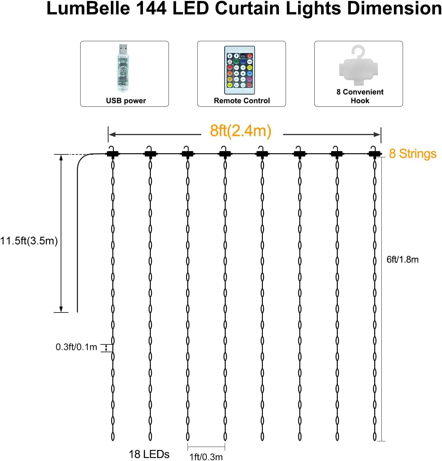 Fanhua-Curtain Fairy Lights Warm White LED Curtain Lights USB Powered 8 ...