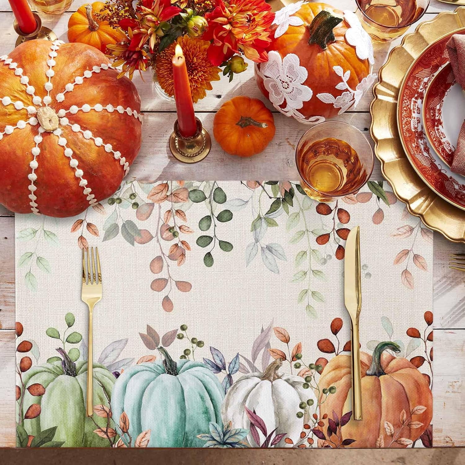 Fanhua-Fall Thanksgiving Placemats Set of 4, Autumn Pumpkins Eucalyptus ...
