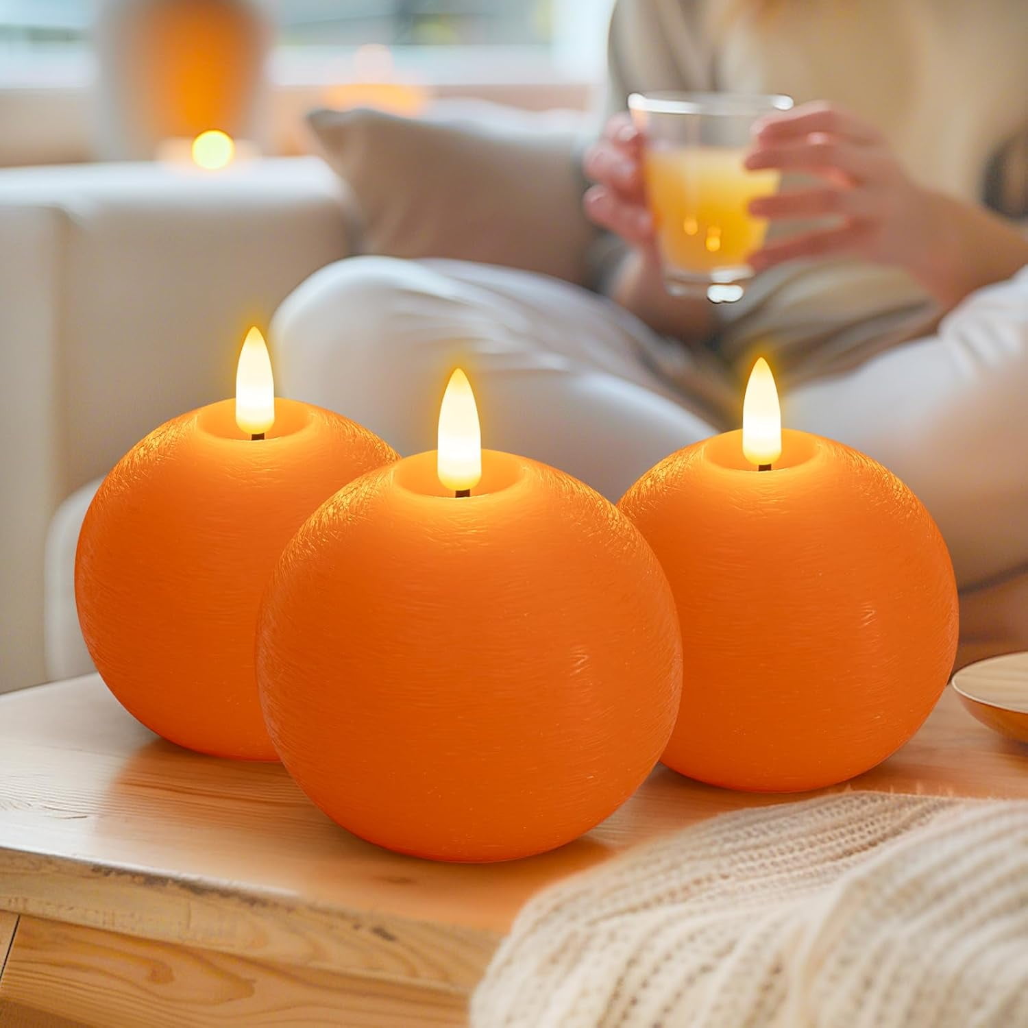 Fanhua-Flameless Candles with Remote, Orange Round Candles Ball LED ...