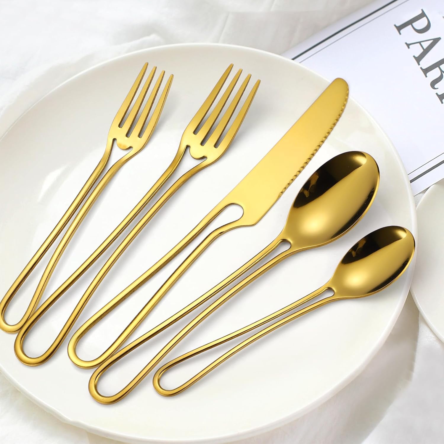 Fanhua-Gold Silverware Hollow 20 Piece Flatware Set For 4 Kitchen ...