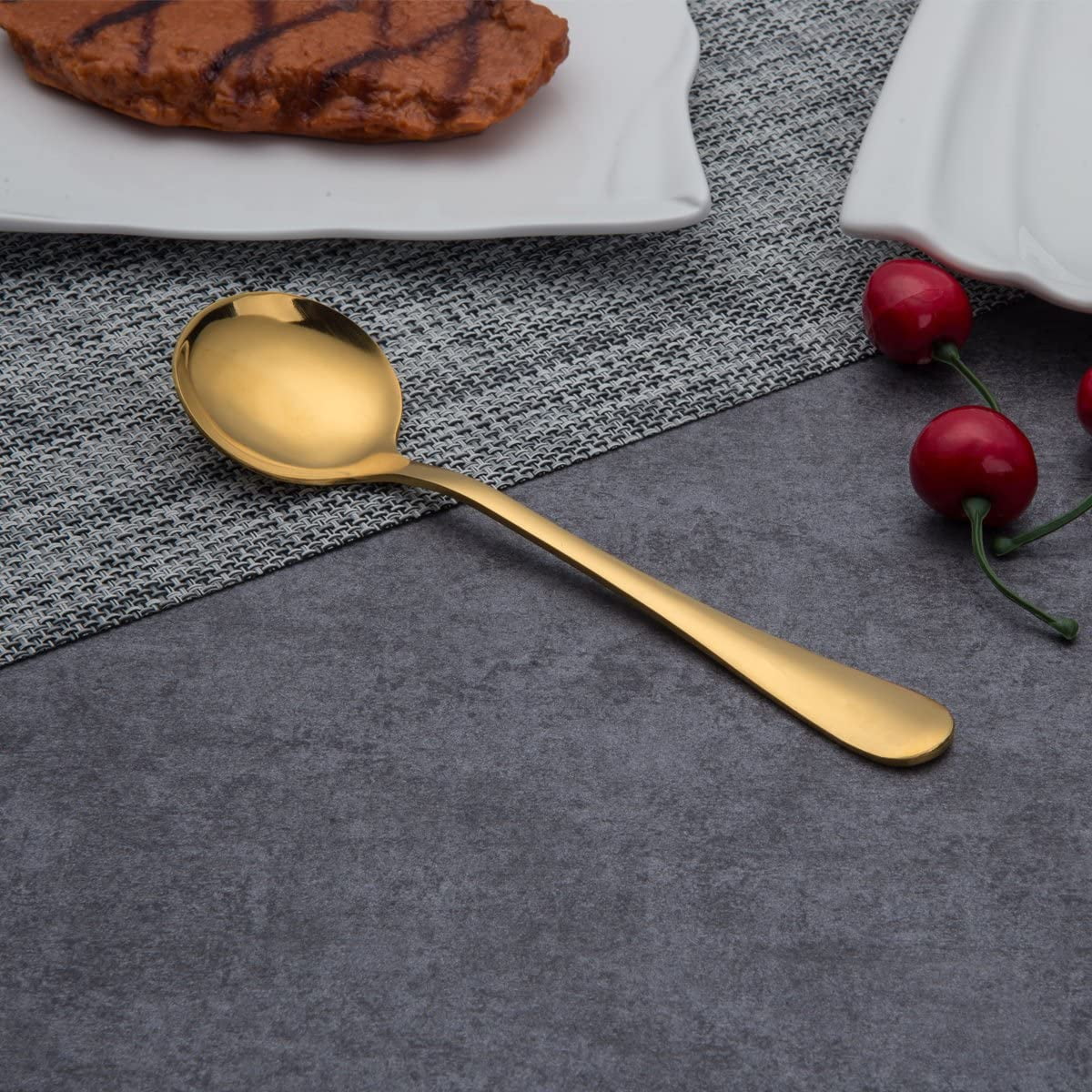 Fanhua-Gold Soup Spoon, 6 Piece Stainless Steel Titanium Plating Round ...