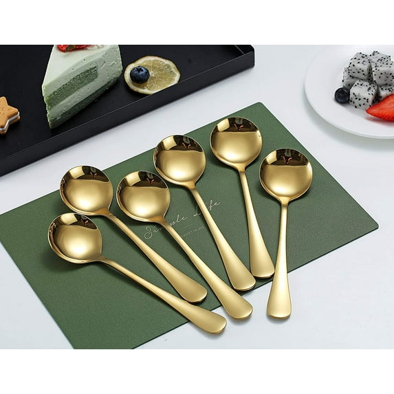 Fanhua-Gold Soup Spoons, 6 Pieces Stainless Steel Round Spoons With ...