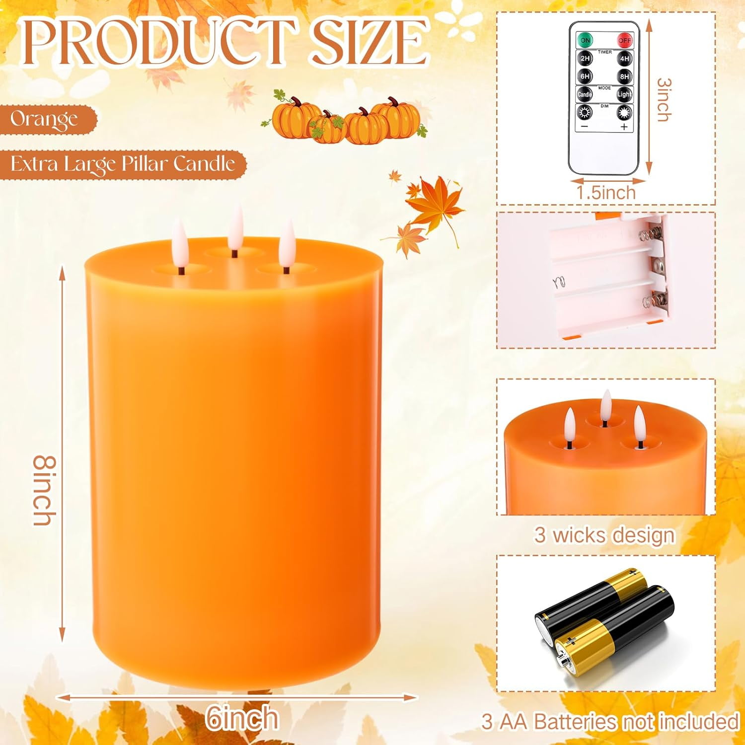 Fanhua-Orange Extra Large Flameless Candles 6''x8'' LED Battery ...
