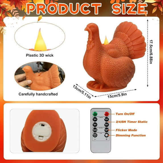 Fanhua-Thanksgiving Flameless Turkey Candle - Real Wax Battery LED Candle with Timer & Remote ...