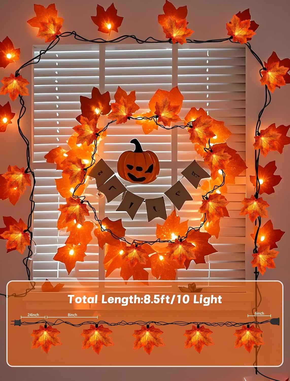 Fanhua-Thanksgiving Orange Maple Leaf Lights, 13.6FT Orange Fall Leaves ...