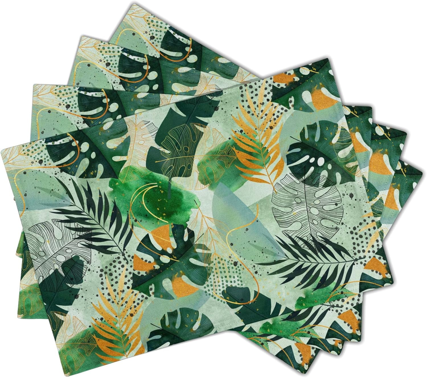 Fanhua-Tropical Palm Leaves Place Mats Set of 4 Green Gold Leaf Summer ...