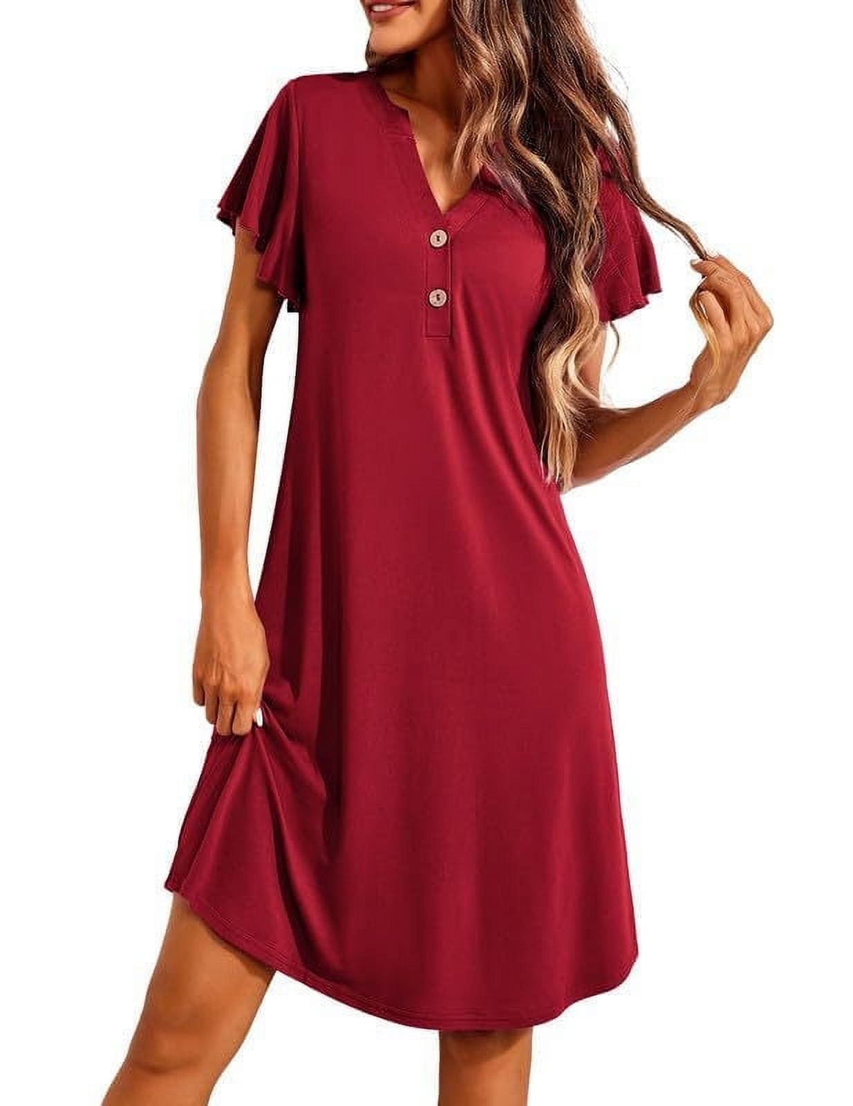 Fanient Women's Nightgown Short Flare Sleeve Sleepshirt V-Neck Soft ...