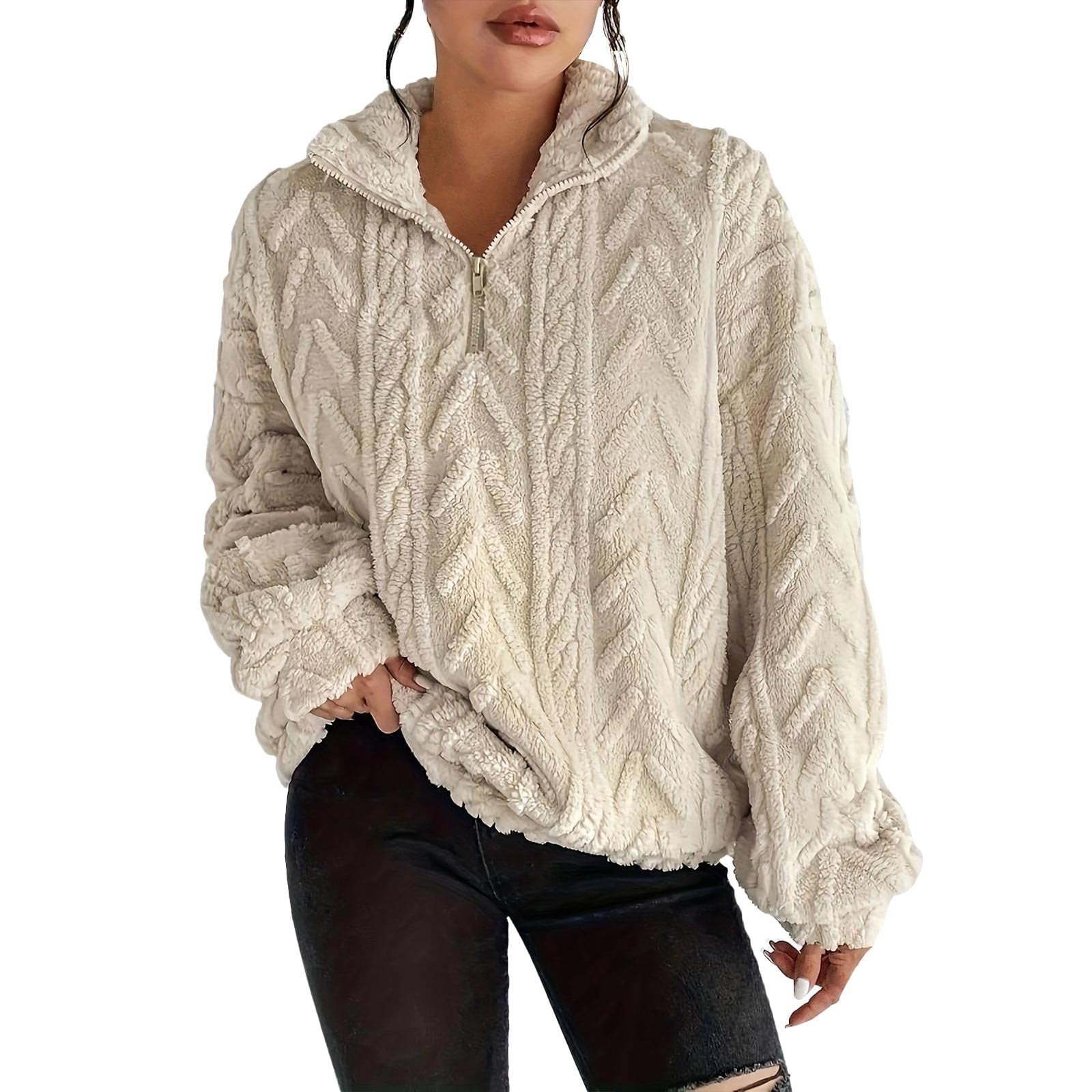 Fanient Womens Quarter Zip Fleece Pullover Sherpa Fluffy Sweatshirt ...