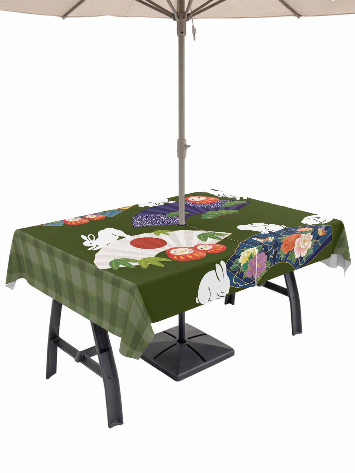 Fans Rabbits Rectangle Outdoor Tablecloth with Umbrella Hole Japanese ...