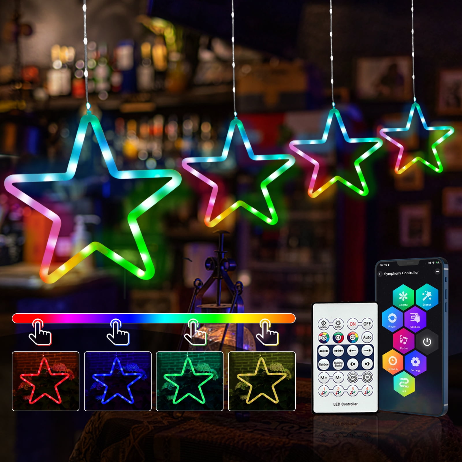 Fanshunlite Star String Light LED Twinkle Lights RGB Decorative Fairy ...