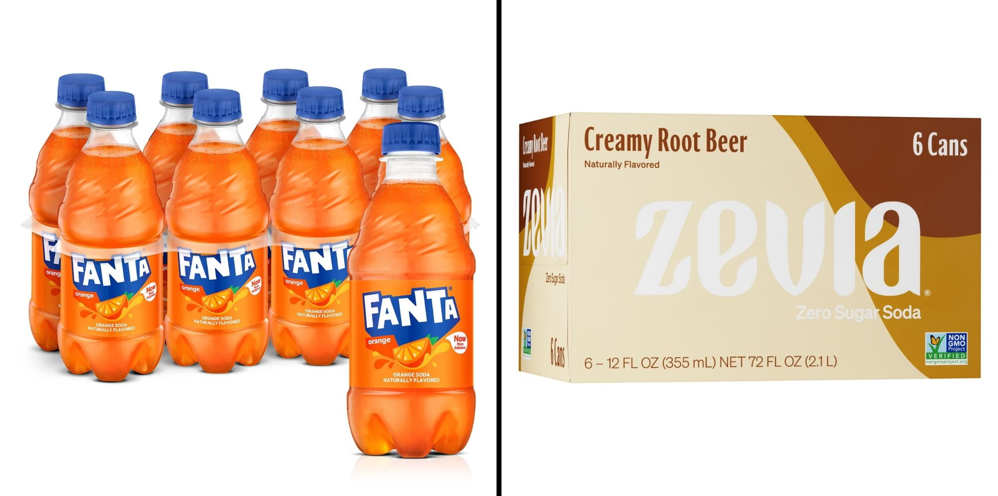 Fanta Orange 12 fl oz 8 Pack & Zevia Zero Calorie Soda Creamy Root Beer ...