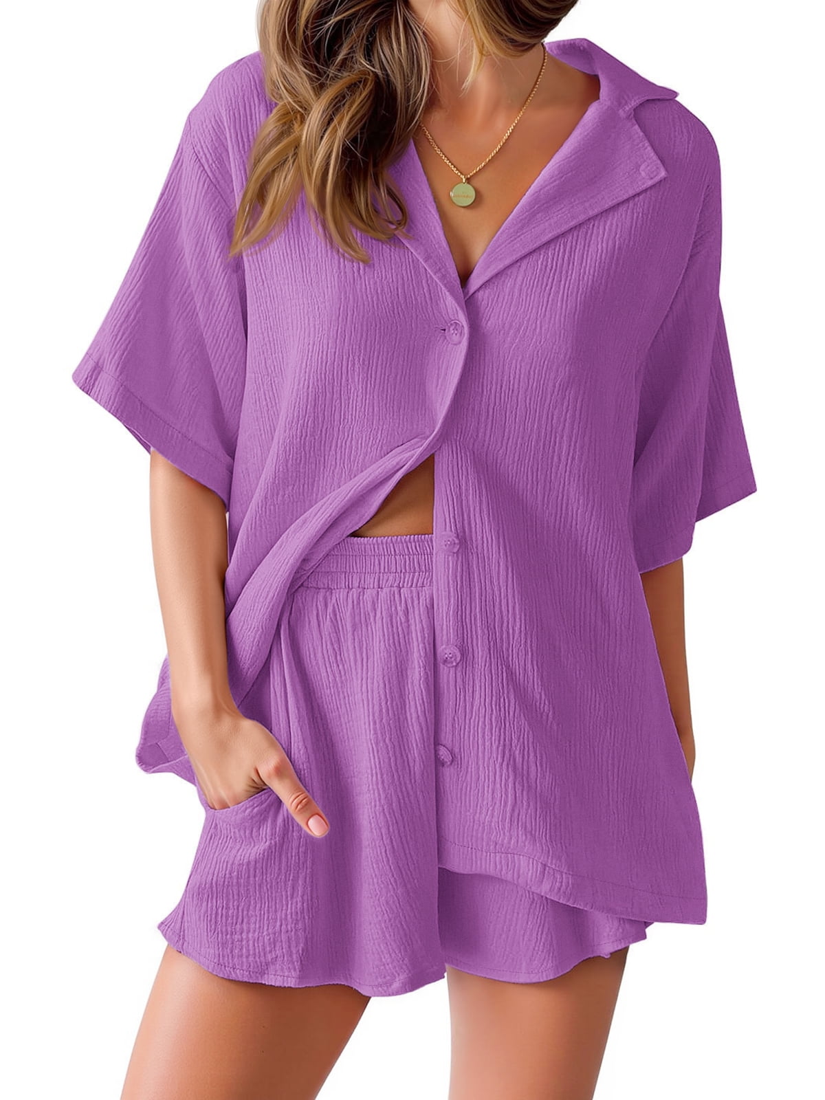 Fantaslook 2 Piece Womens Outfit Sets Button Down Shirts and Shorts ...