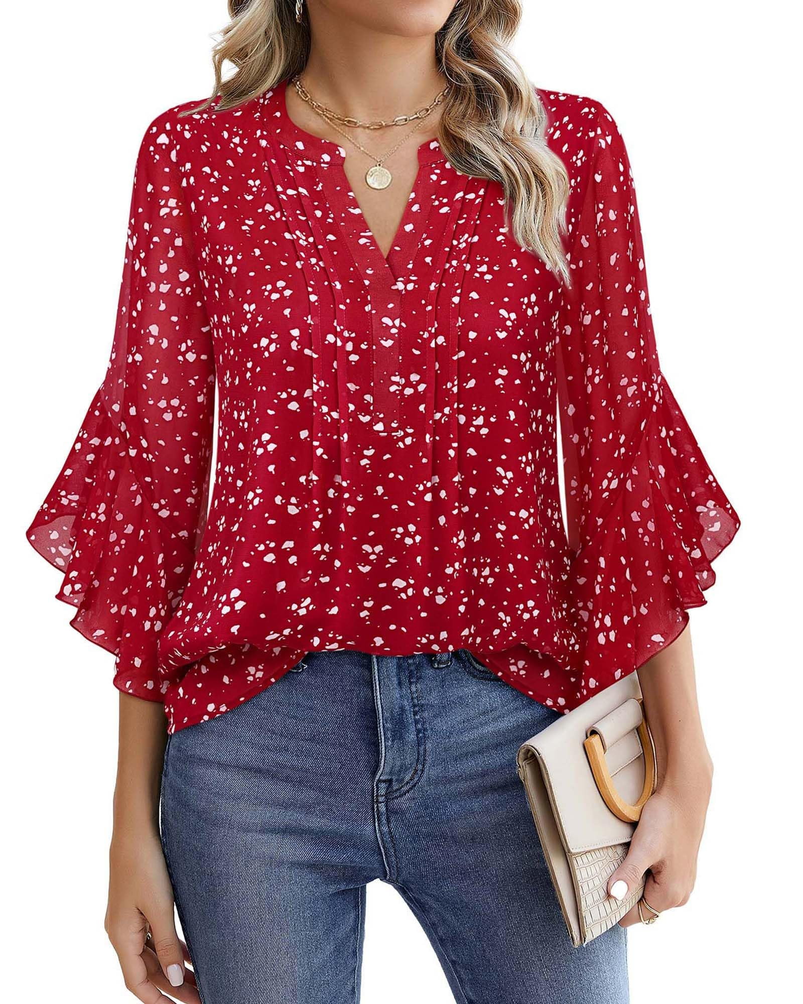 Fantaslook Blouses for Women 3/4 Ruffle Sleeve Summer Tops V Neck ...