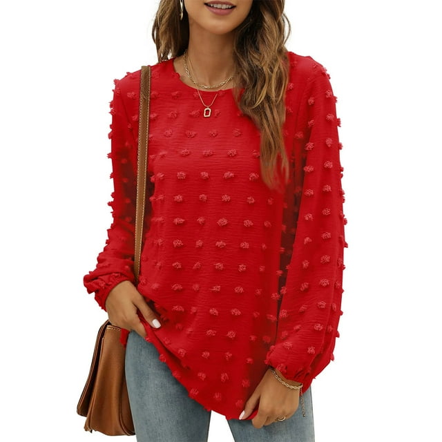 Fantaslook Blouses For Women Crewneck Long Sleeve Tops Chiffon Pom Pom