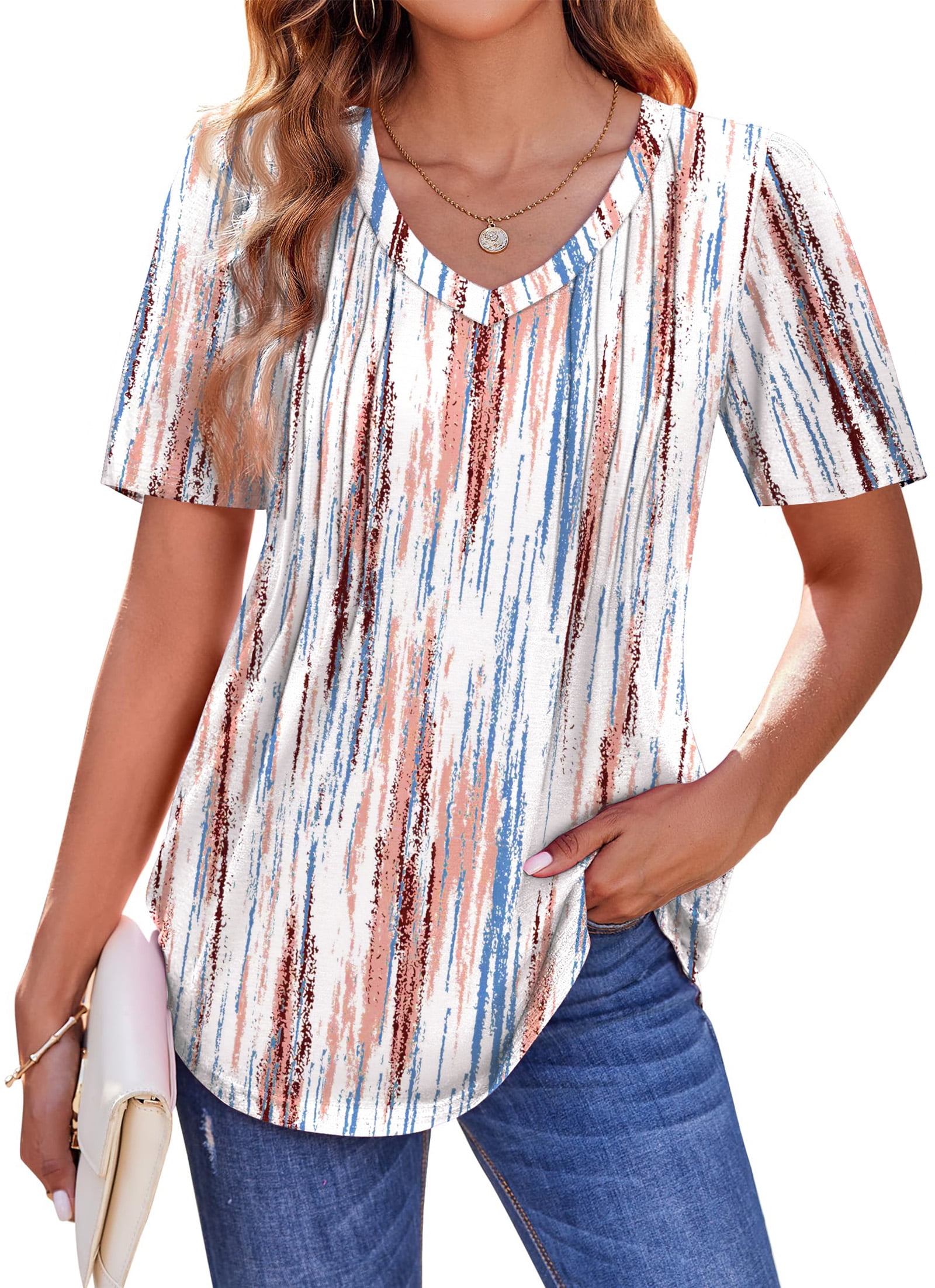 Fantaslook Women's V Neck Pleated Tunic Tops, Floral Short Sleeve Boho ...